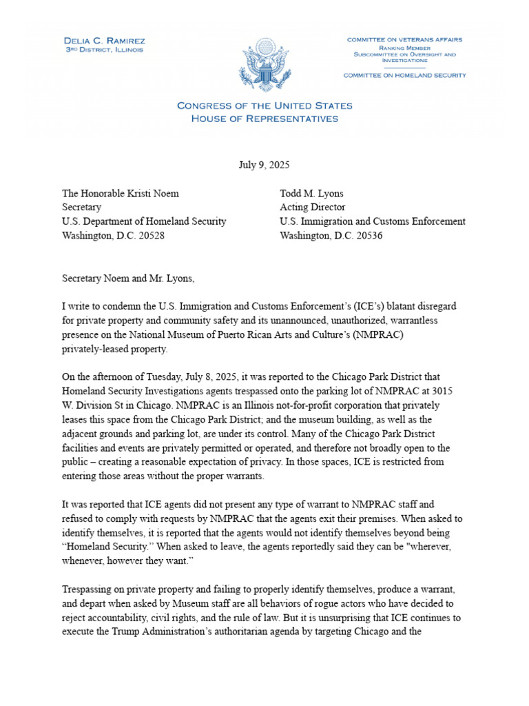 Letter On DHS Agents at National Museum of Puerto Rican Arts and ...