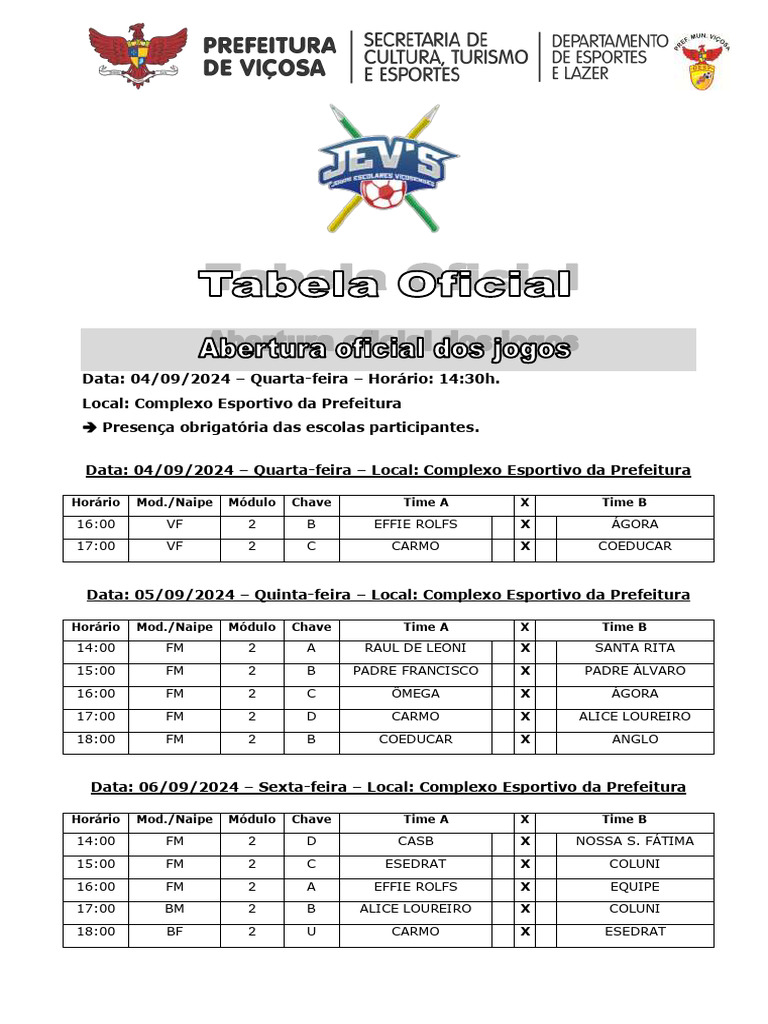 Tabela oficial - JEV's | PDF | Jogos com bola