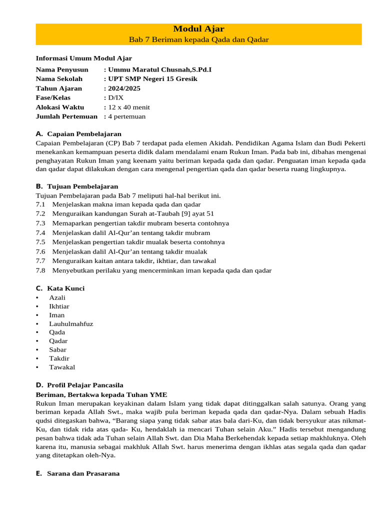 7.7 Modul Ajar Bab 7 PAI Qodo Dan Qodhar Kelas IX | PDF