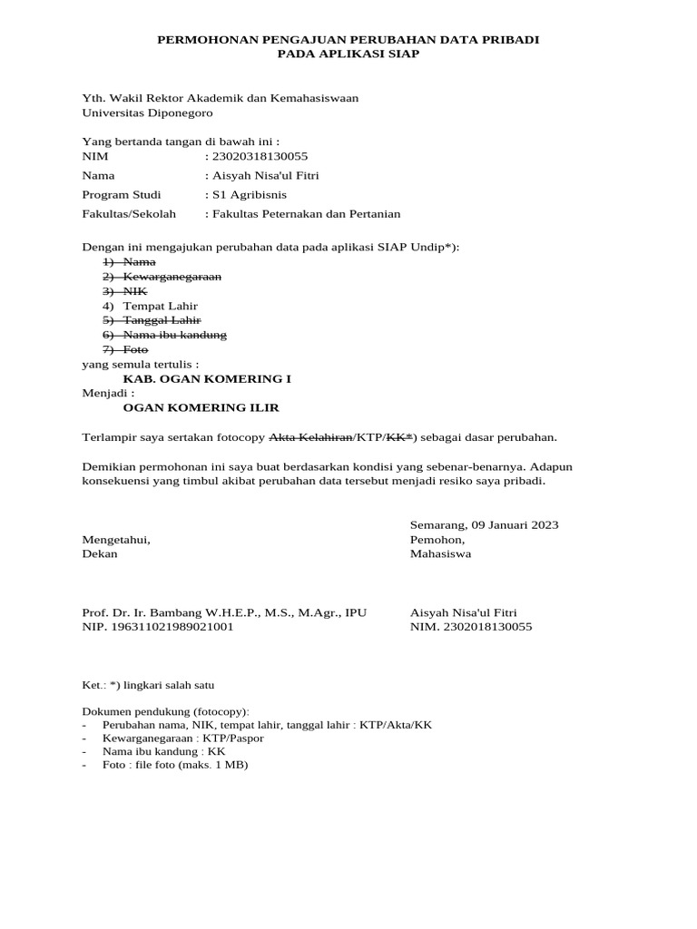 Permohonan Perubahan Data Pribadi SIAP | PDF