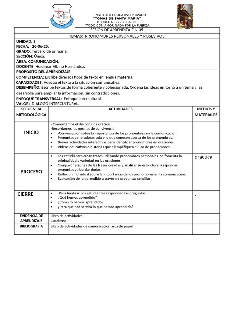 Sesion 35 Comunicacion Pronombres Personales y Posesivos | PDF ...