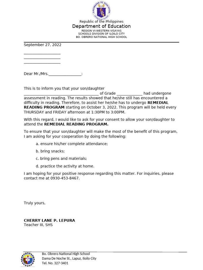 Letter For Reading Remediation Only | PDF