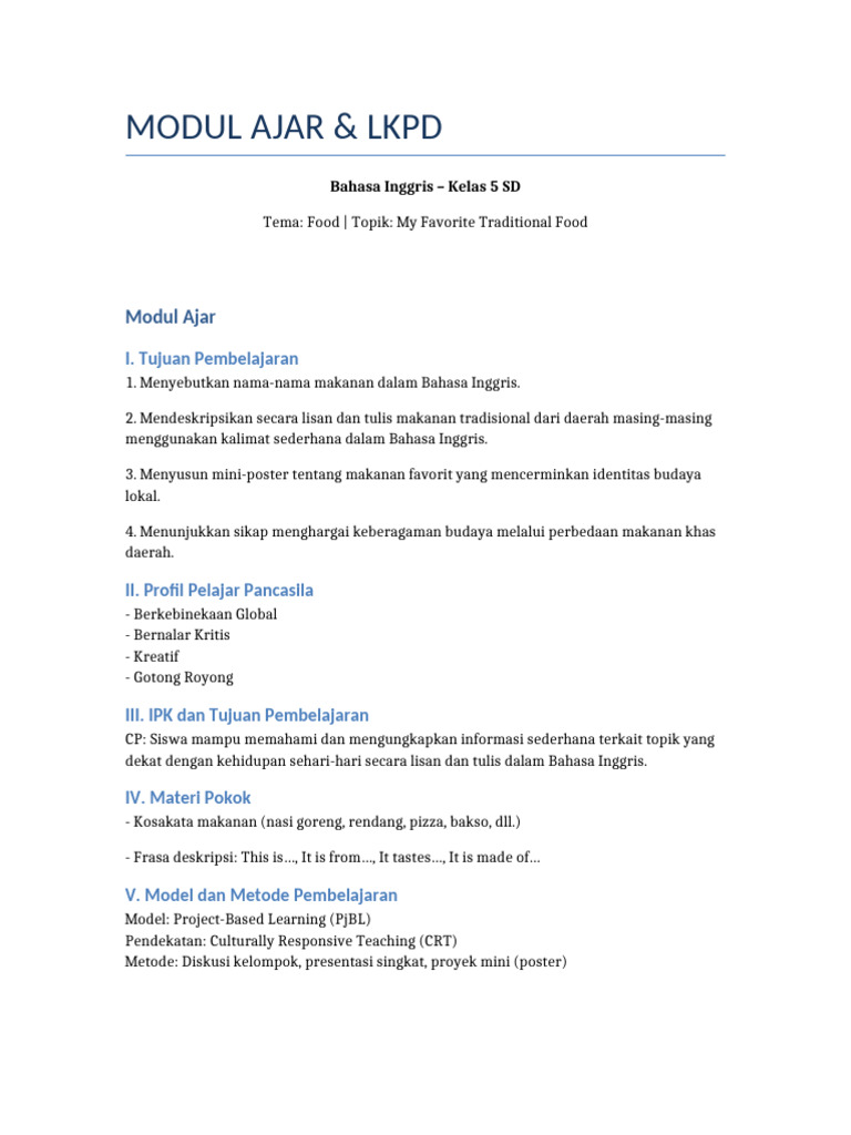 Modul Ajar LKPD Bahasa Inggris Kelas5 Food | PDF