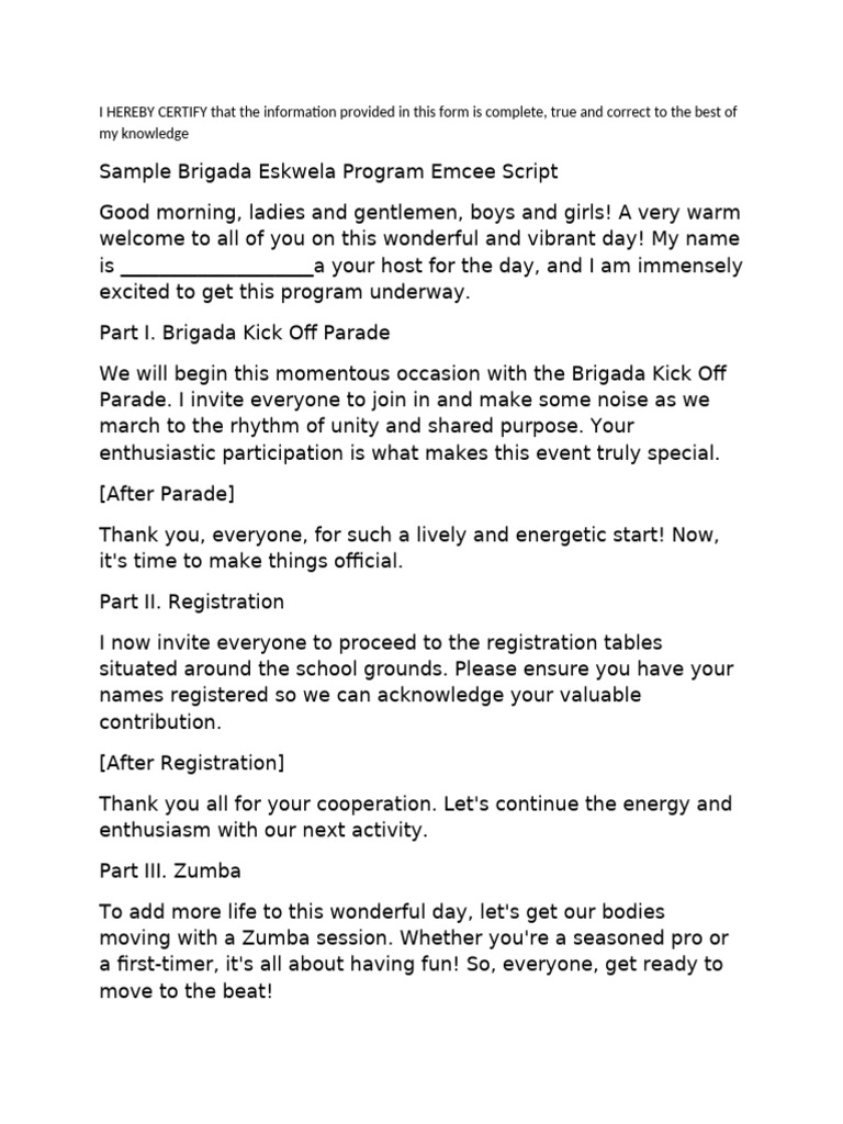 Sample Brigada Eskwela Program Emcee Script | PDF