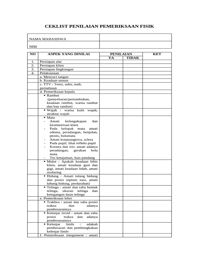 Ceklist Penilaian Pemeriksaan Fisik (Fix) | PDF