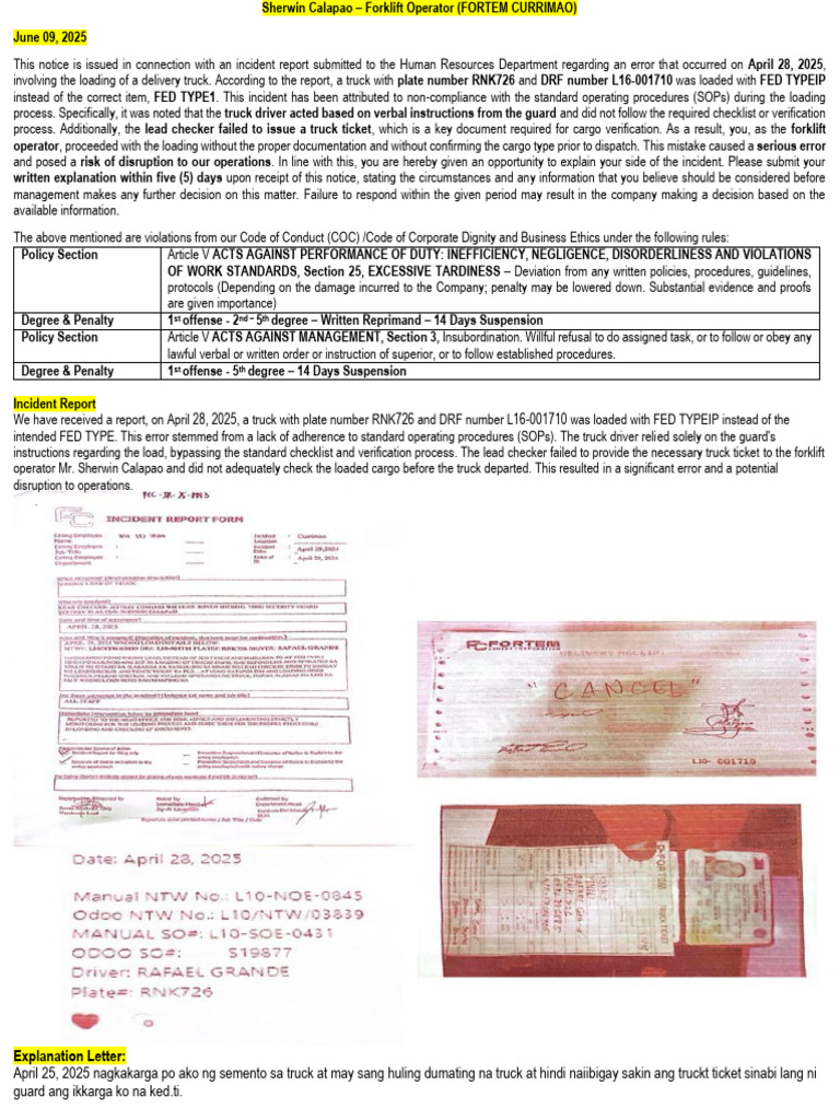 Forklift Operator Incident Report | PDF | Justice | Crime & Violence