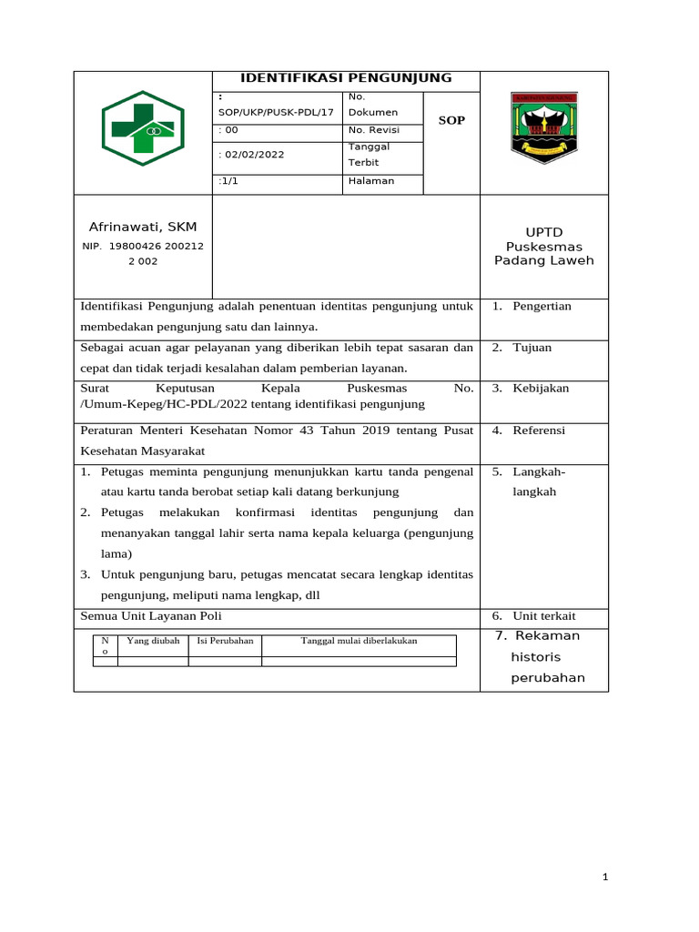 Sop Identifikasi Pengunjung | PDF