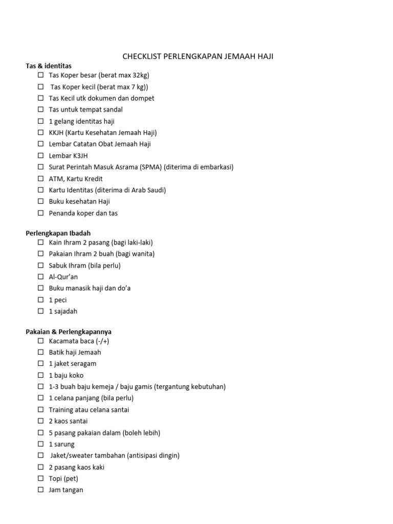 Checklist Perlengkapan Haji Pria | PDF