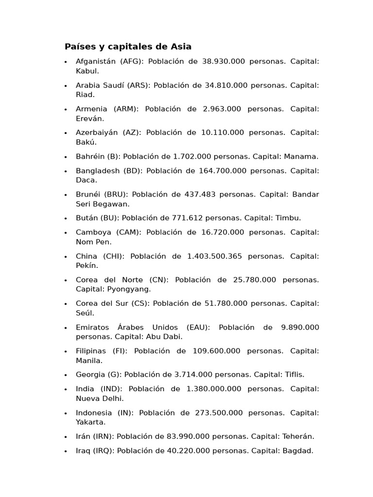 Países y Capitales de Asia | PDF | Asia