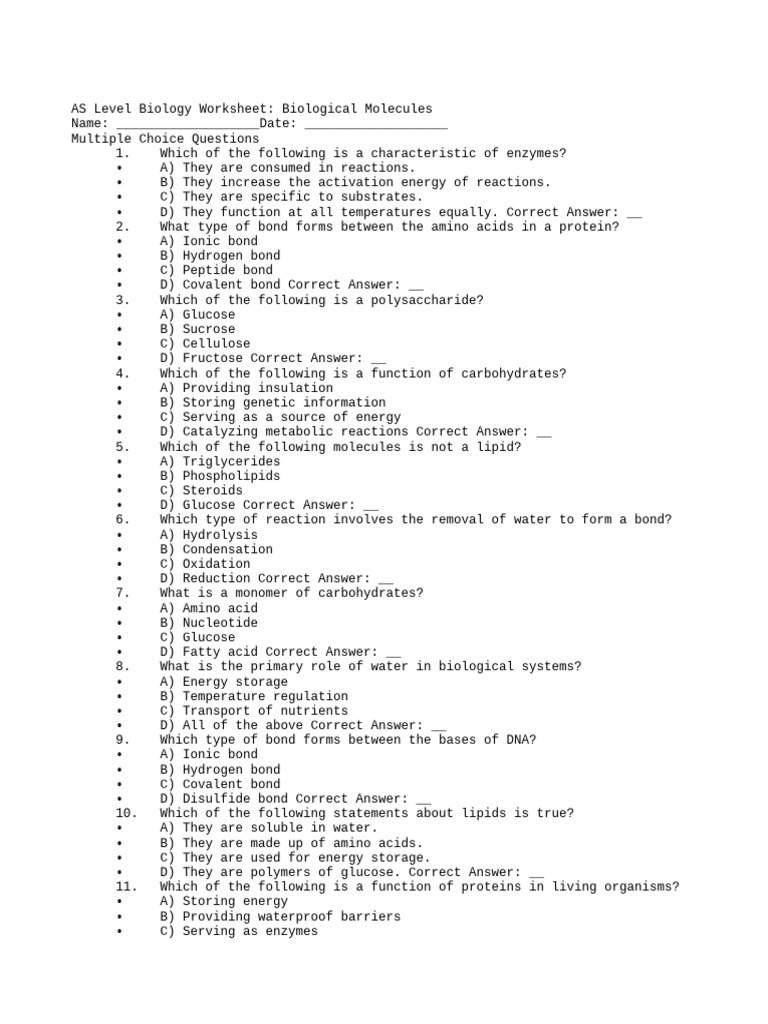 AS Level Biology: Biological Molecules Quiz | PDF | Biomolecules | Glucose