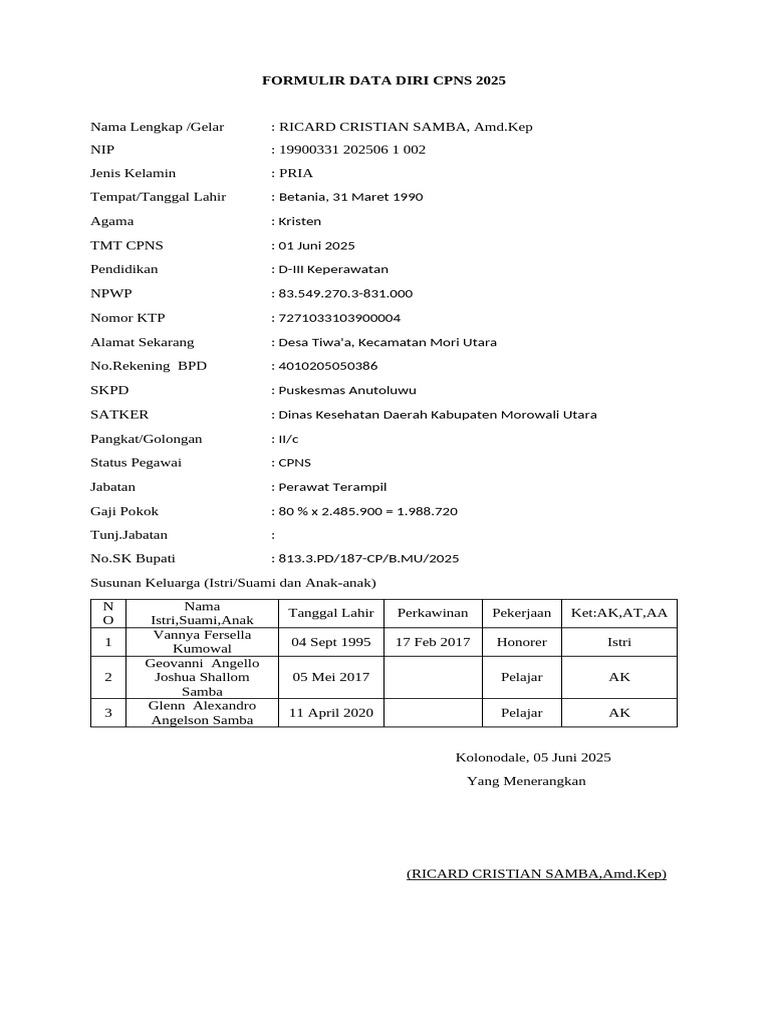 Formulir Data Diri Cpns 2025 Ricard | PDF