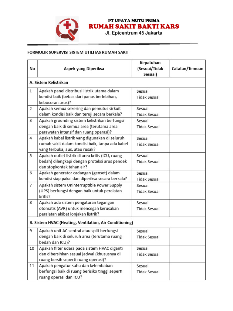 Formulir Supervisi Sistem Utilitas Rumah Sakit 781 | PDF