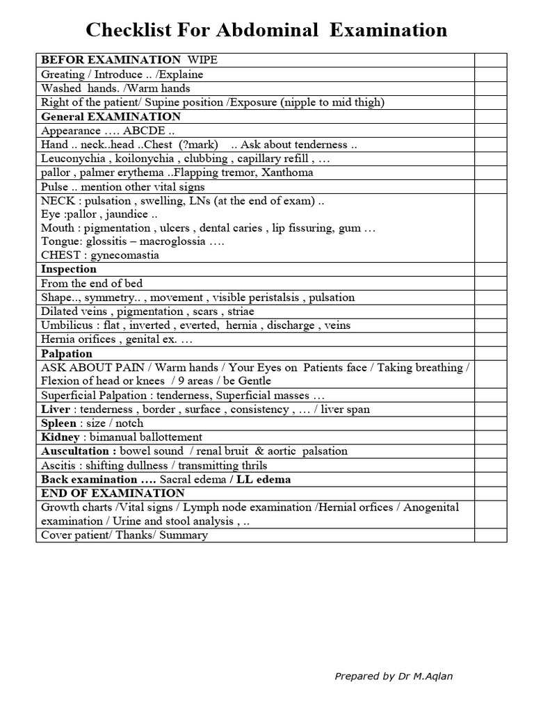 Abdominal Examination Checklist Guide | PDF