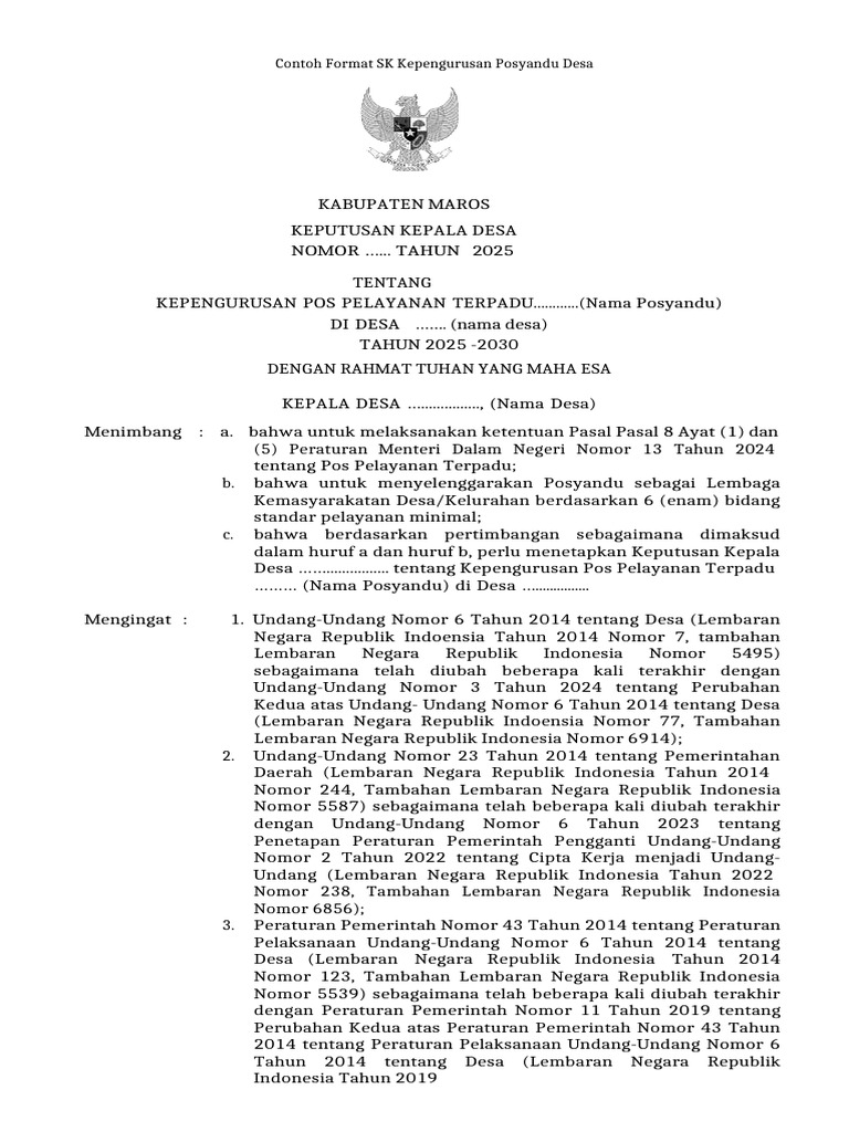 Format Contoh SK Kepengurusan Posyandu Desa Kelurahan | PDF