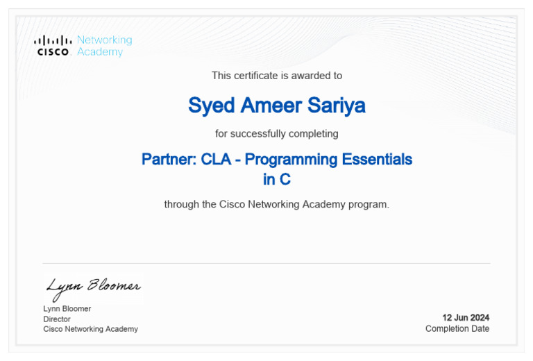 Partner - CLA - Programming Essentials in C Certificate Syedsariya2003-Gmail-com | PDF