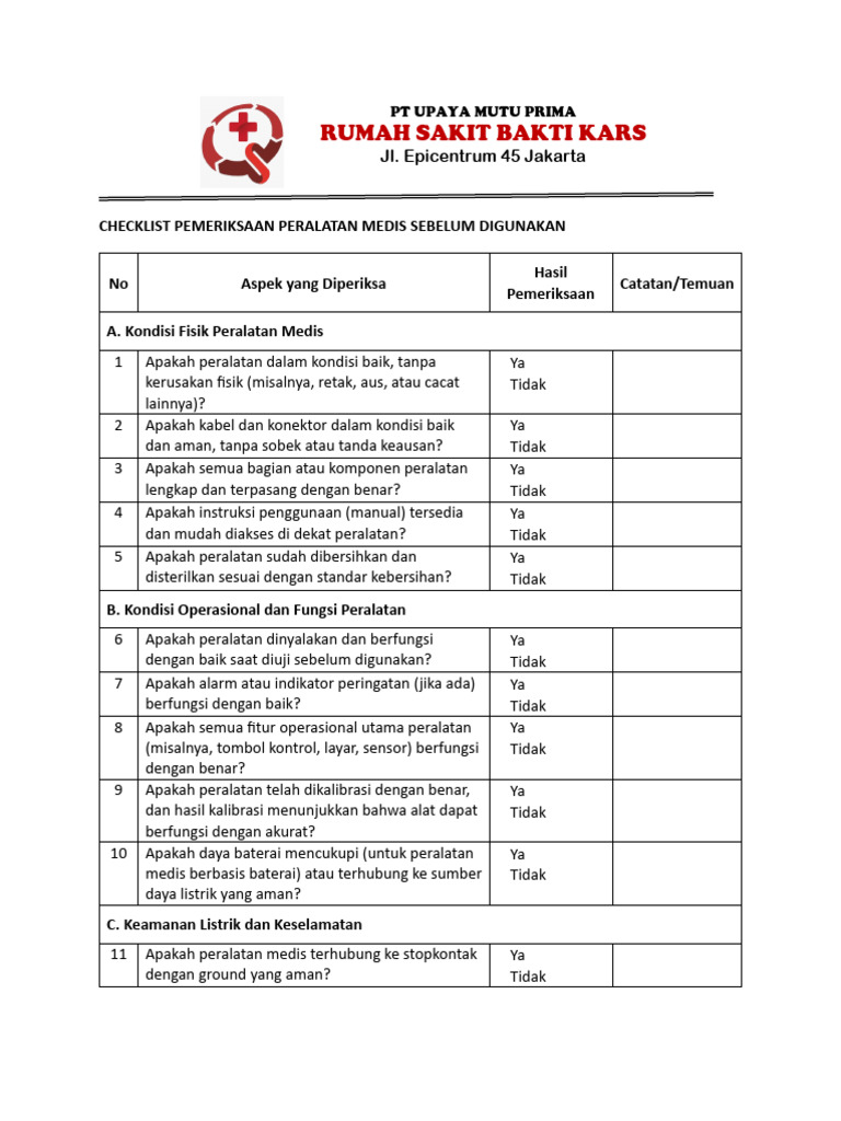 Checklist Pemeliharaan Alat Kesehatan | PDF