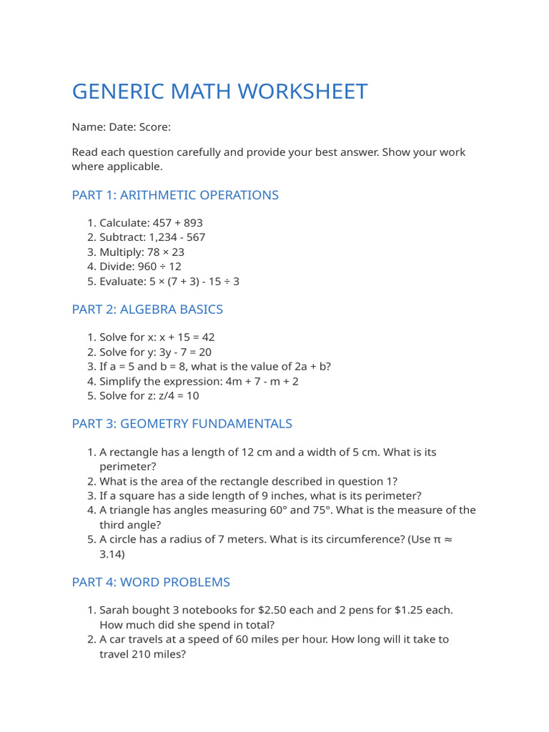 Math Worksheet with Answers Key | PDF
