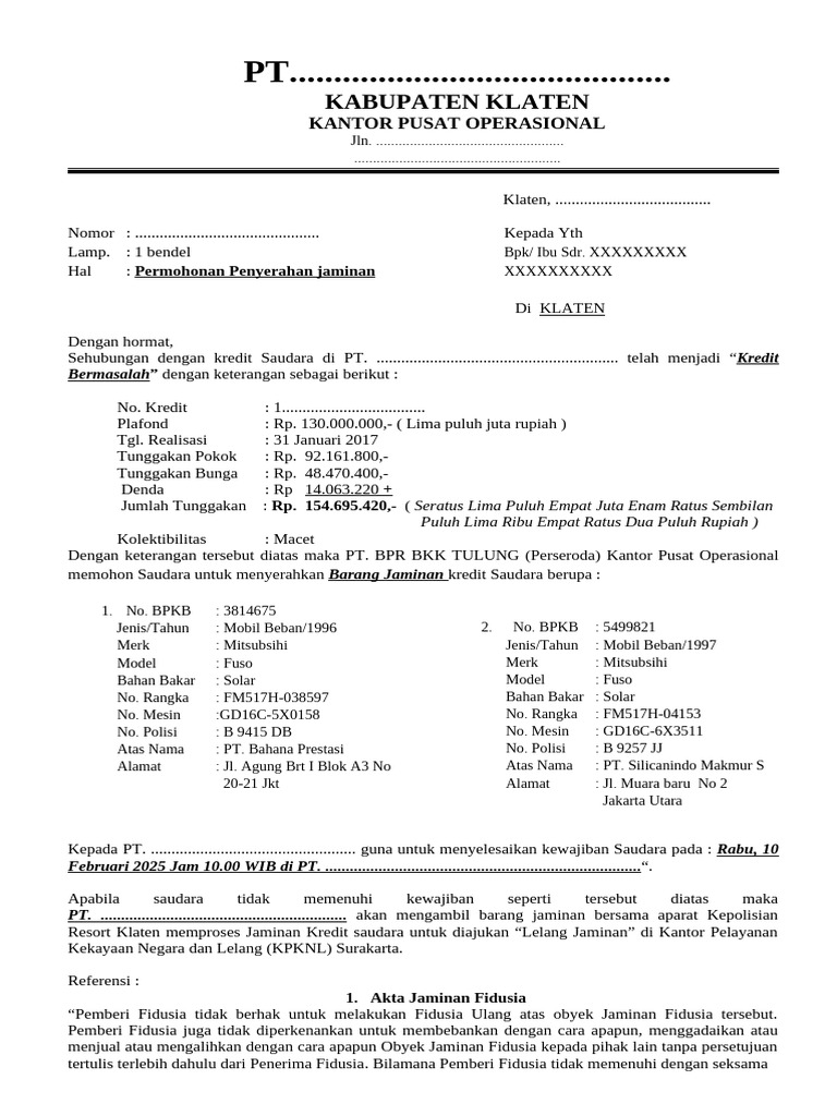 Contoh SURAT Permohonan Penyerahan Jaminan | PDF