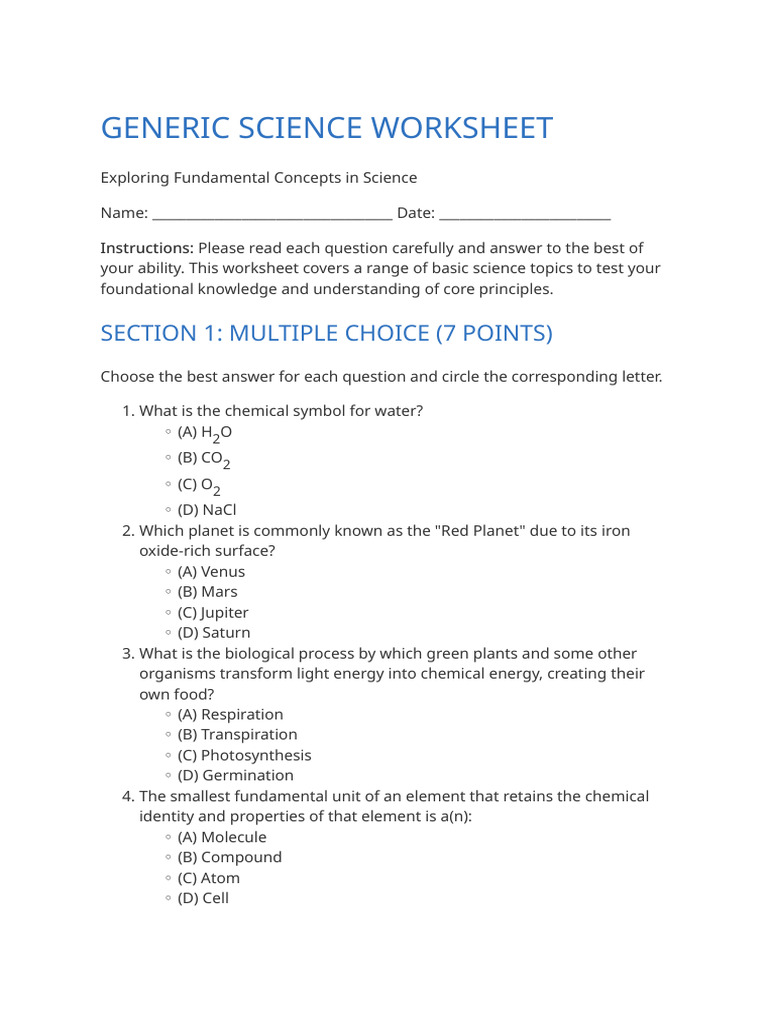Science Worksheet With Answers | PDF | Cell (Biology) | Ultraviolet