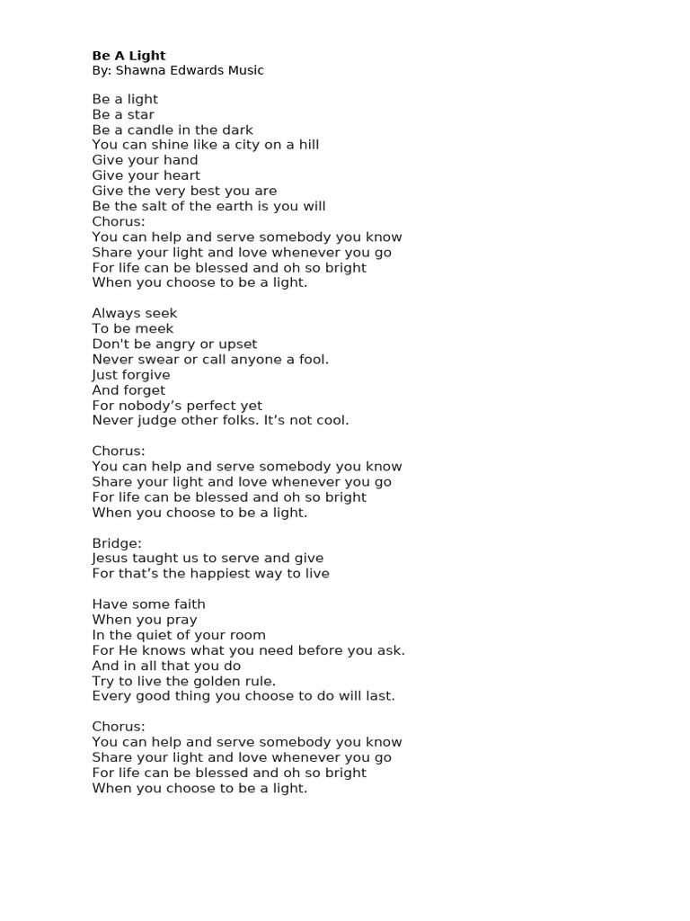 Be A Light by Shawna Edwards Lyrics | PDF