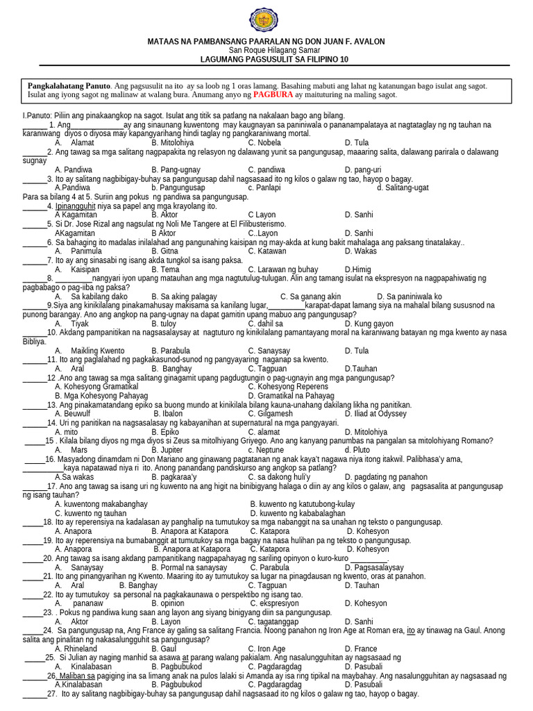 Lagumang Pagsusulit Sa Filipino 10 Unang Markahan | PDF