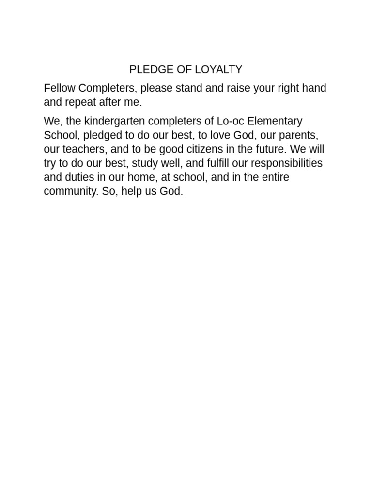 Kindergarten Pledge of Loyalty | PDF