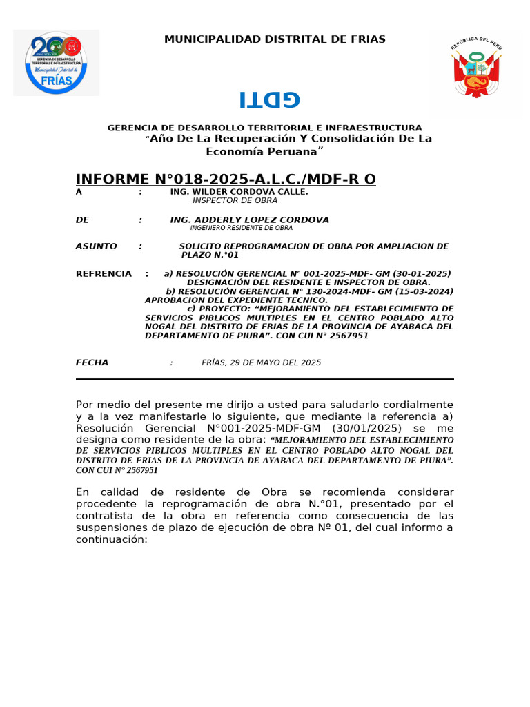 INFORME Nº018 Informe de Reprogramacion de Obra-Nogal | PDF | Gobierno
