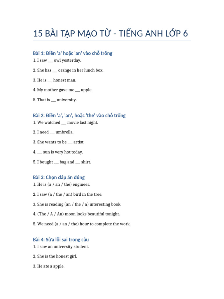 15 Bai Tap Mao Tu Tieng Anh 6 | PDF