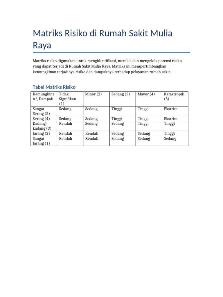 Matriks Risiko Rumah Sakit Mulia Raya | PDF