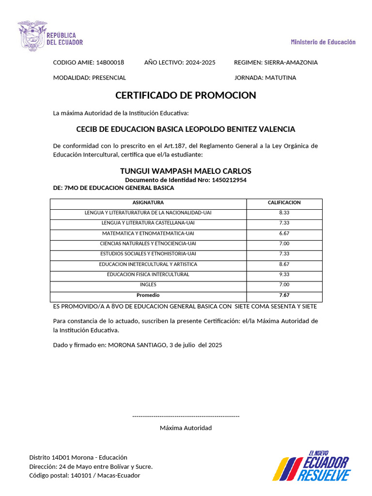 Certificado de Promocion - Maelo Tungui | PDF