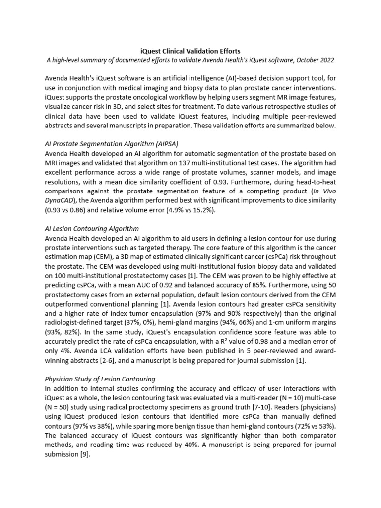 Summary of Clinical Validation Efforts For IQuest Features For ...