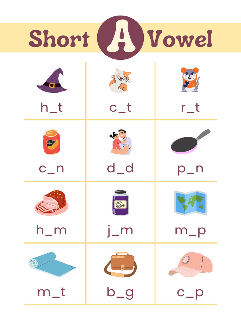 Short A Vowel Early Literacy English Worksheet in Illustrative Style ...