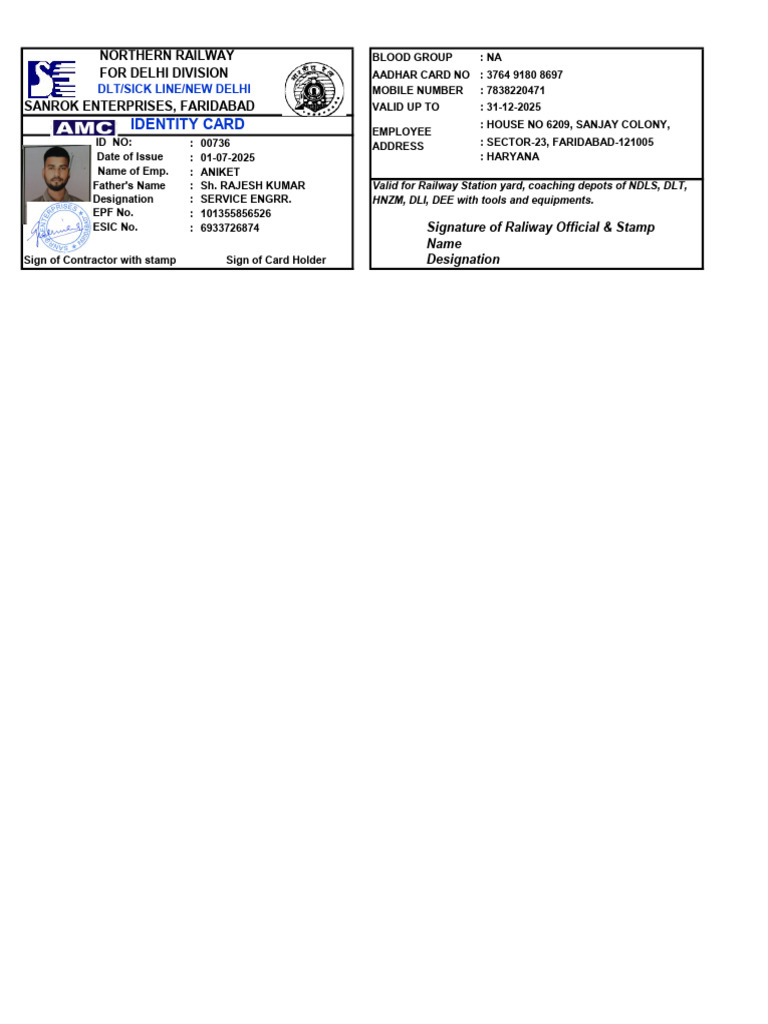 Northern Railway Employee ID Card | PDF