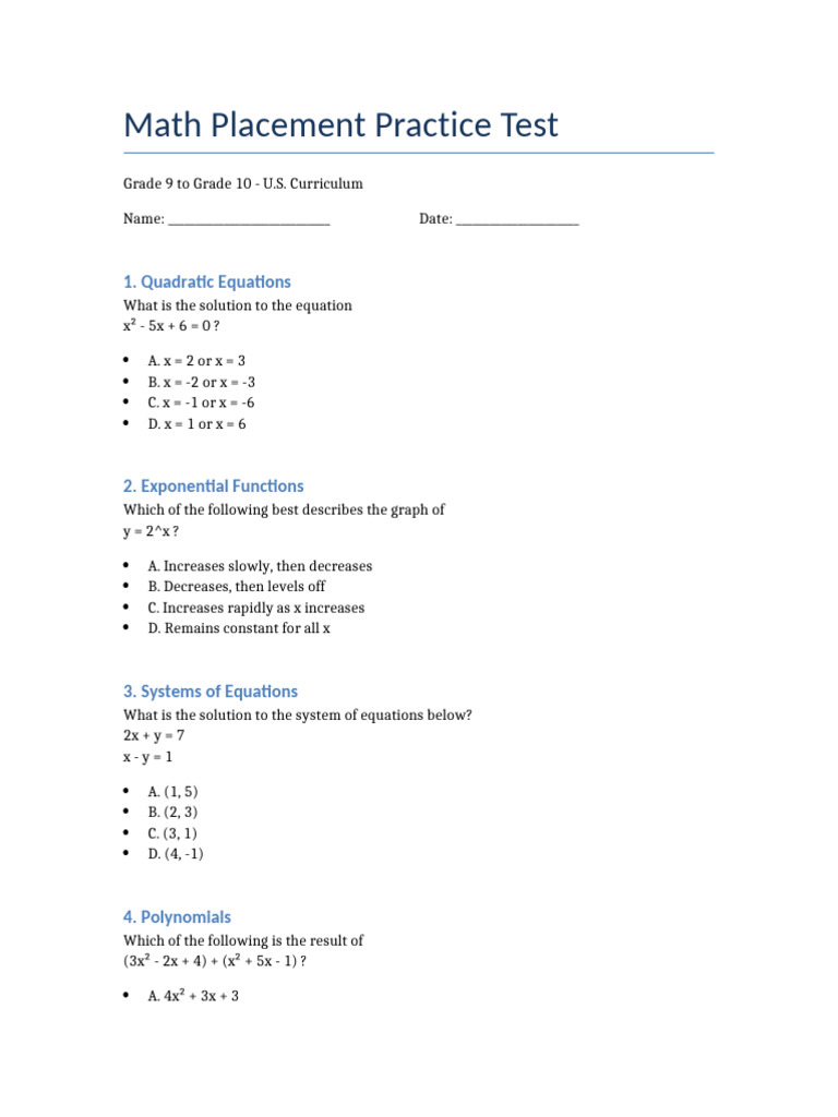 Math Placement Practice Test | PDF