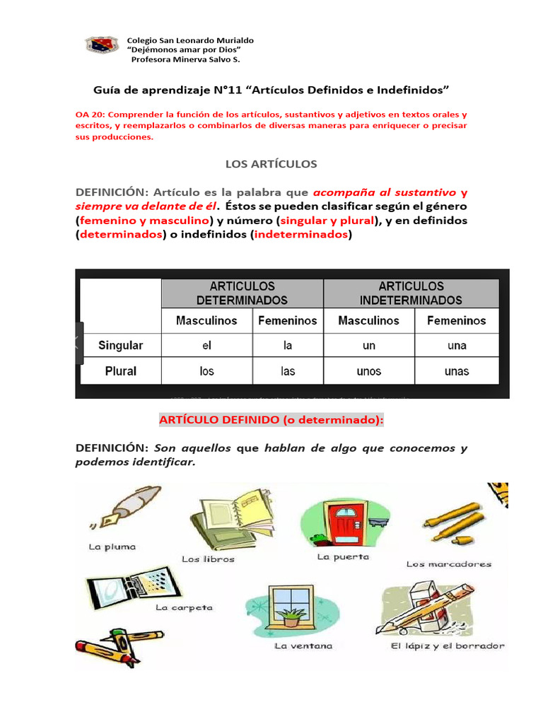 Artículos Definidos e Indefinidos: Guía Educativa | PDF