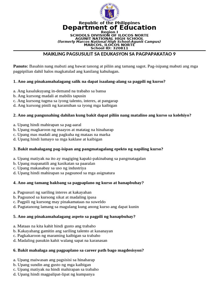 Unang Maikling Pagsusulit Sa Esp 9 | PDF