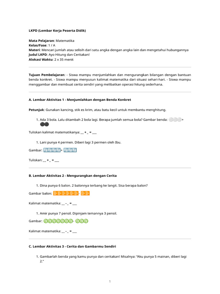 LKPD Matematika Kelas1 | PDF