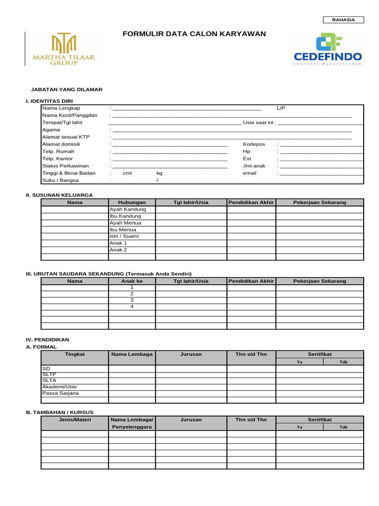 Form Isian Calon Karyawan | PDF