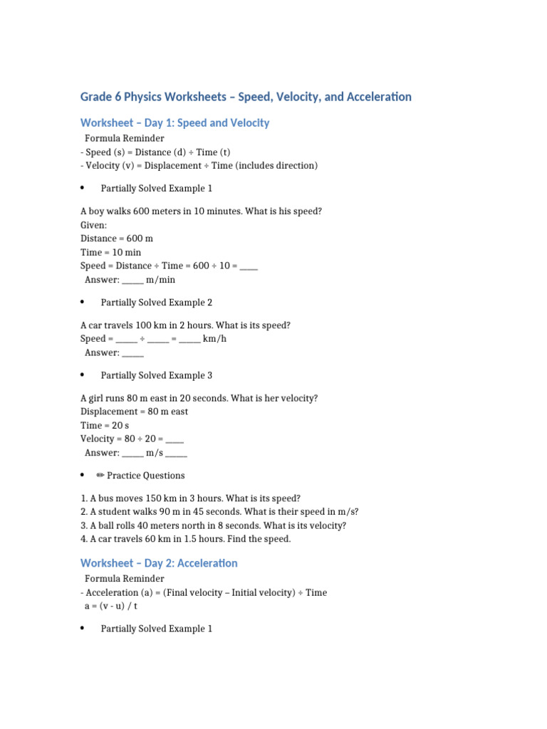 Grade 6 Speed and Acceleration Worksheet | PDF | Acceleration | Speed