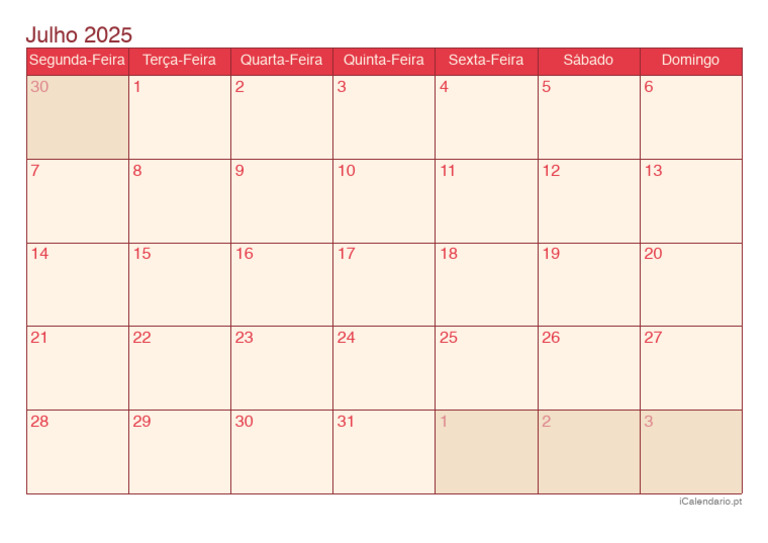 Calendário de Julho 2025 para Imprimir | PDF