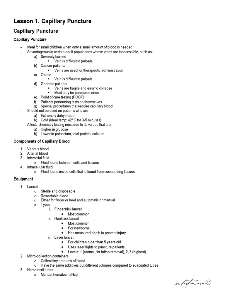 Lesson 1. Capillary Puncture | PDF | Vein | Toe