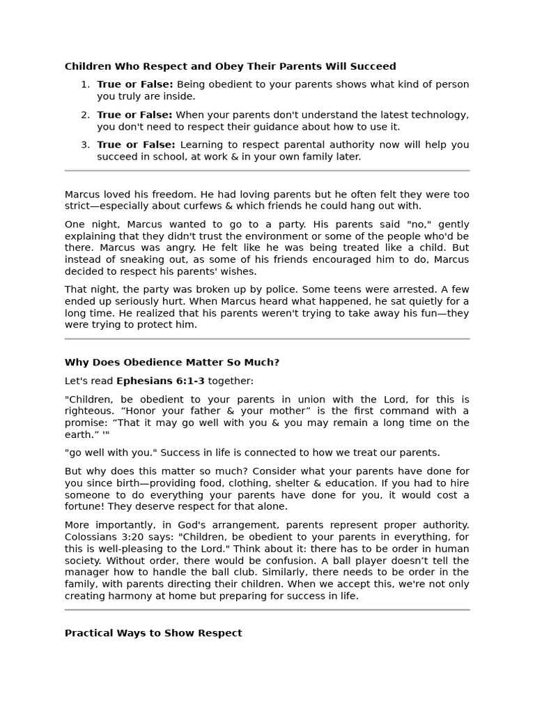 Children Who Respect and Obey Their Parents Will Succeed | PDF