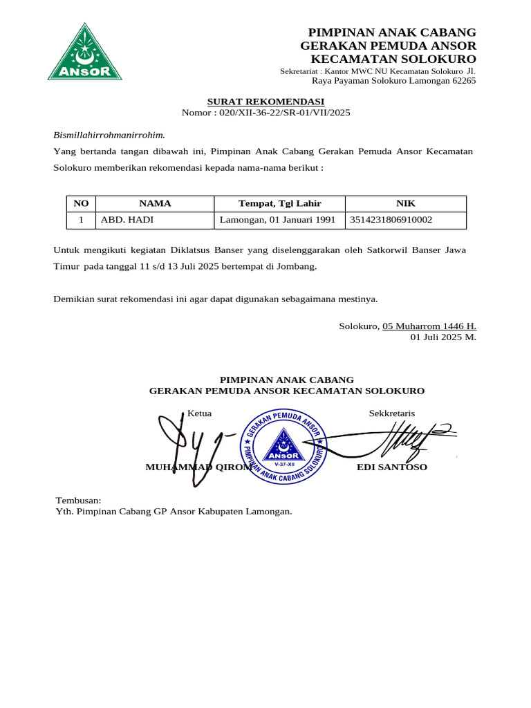 Surat Rekomendasi Susbalan (Copy) | PDF