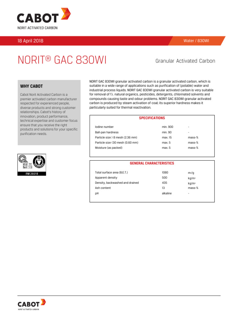 NORIT® GAC 830WI - Water - English | PDF | Chemistry | Chemical Substances