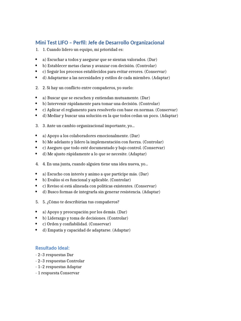 Mini Test LIFO Desarrollo Organizacional | PDF
