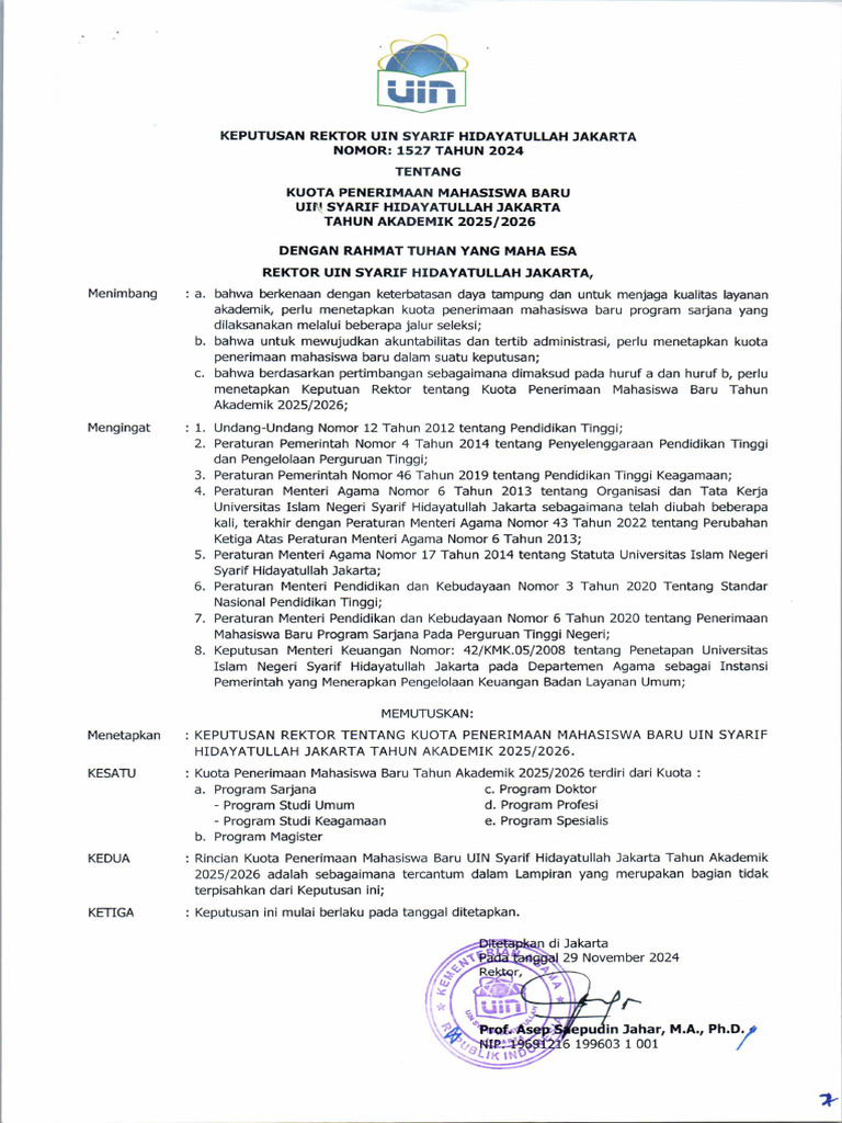 SK Rektor No 1527 TTG Kuota PMB Ta 2025-2026 Final | PDF