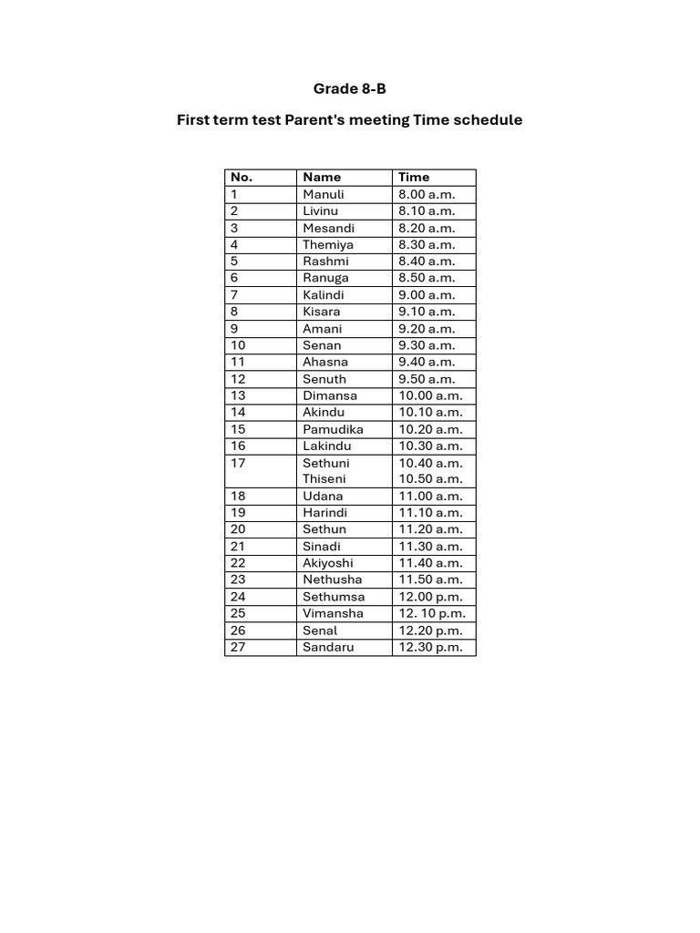 Grade 8B Parent's Meeting Schedule | PDF