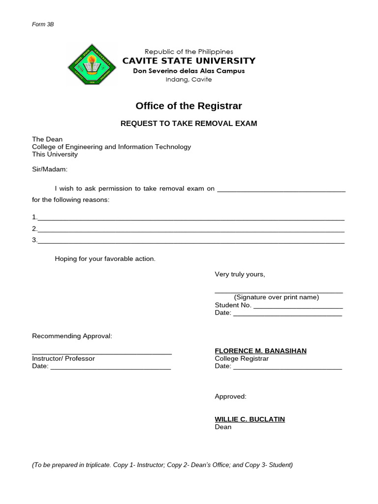 CEIT Registrar Form 3B Removal Exam Request | PDF