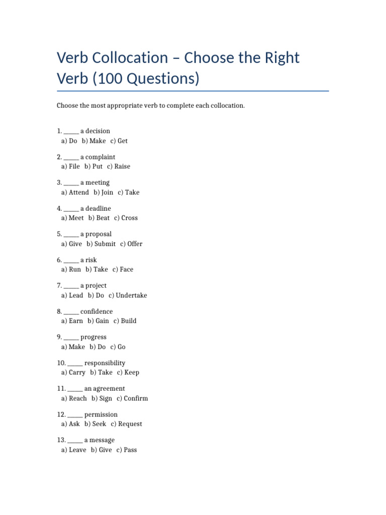 Verb Collocation Practice Quiz | PDF