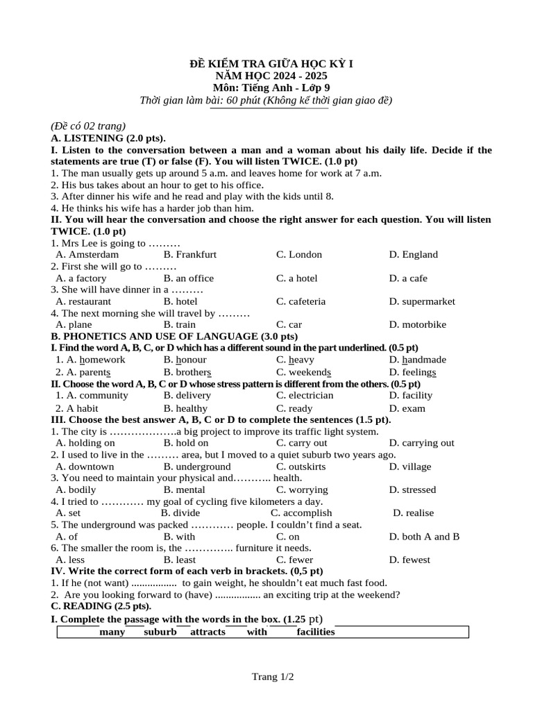 Đề Anh 9 GK1 2024-2025 | PDF